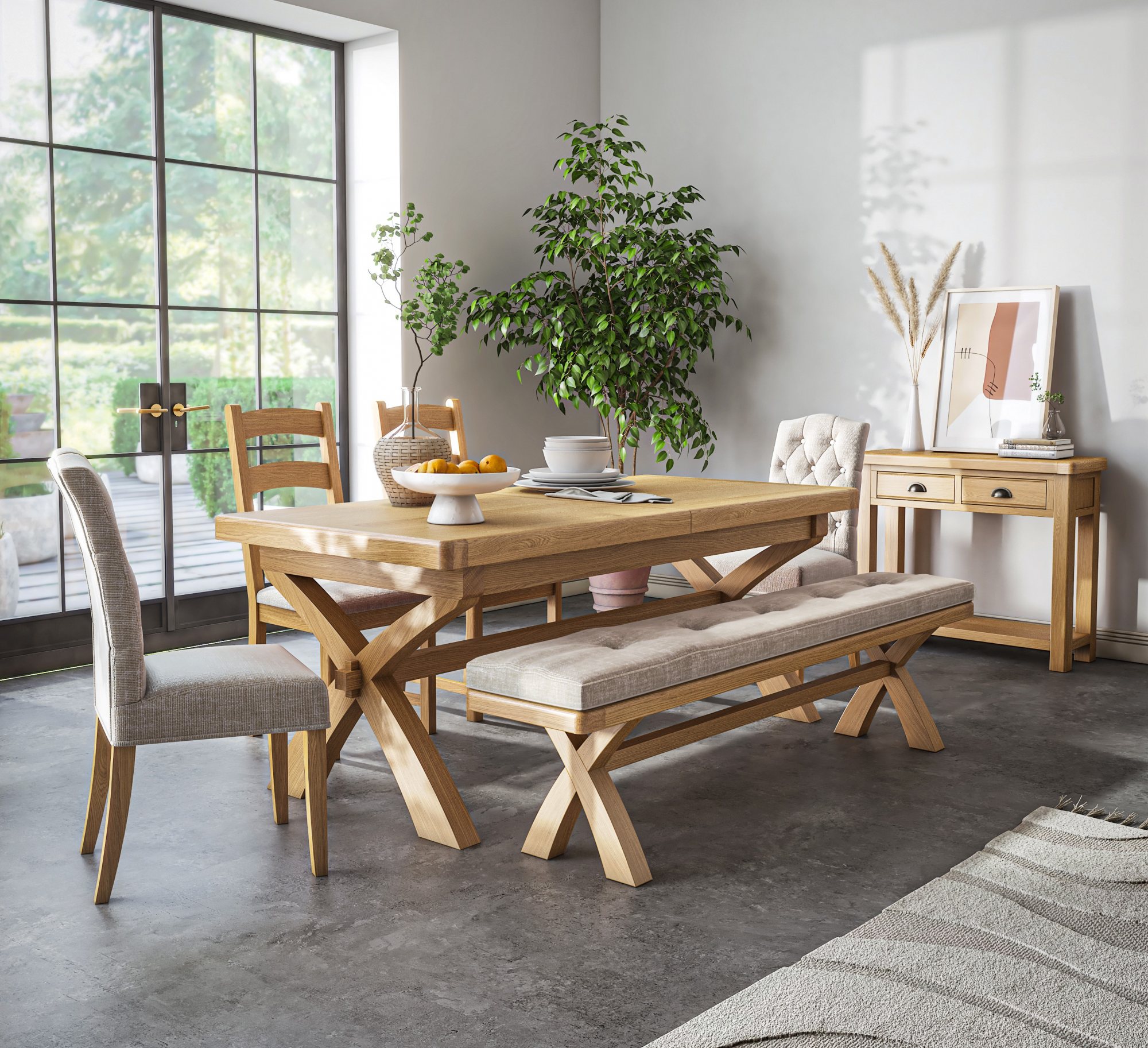 Newmarket Cross Leg Extending Dining Table (Benches) - First Furnishings